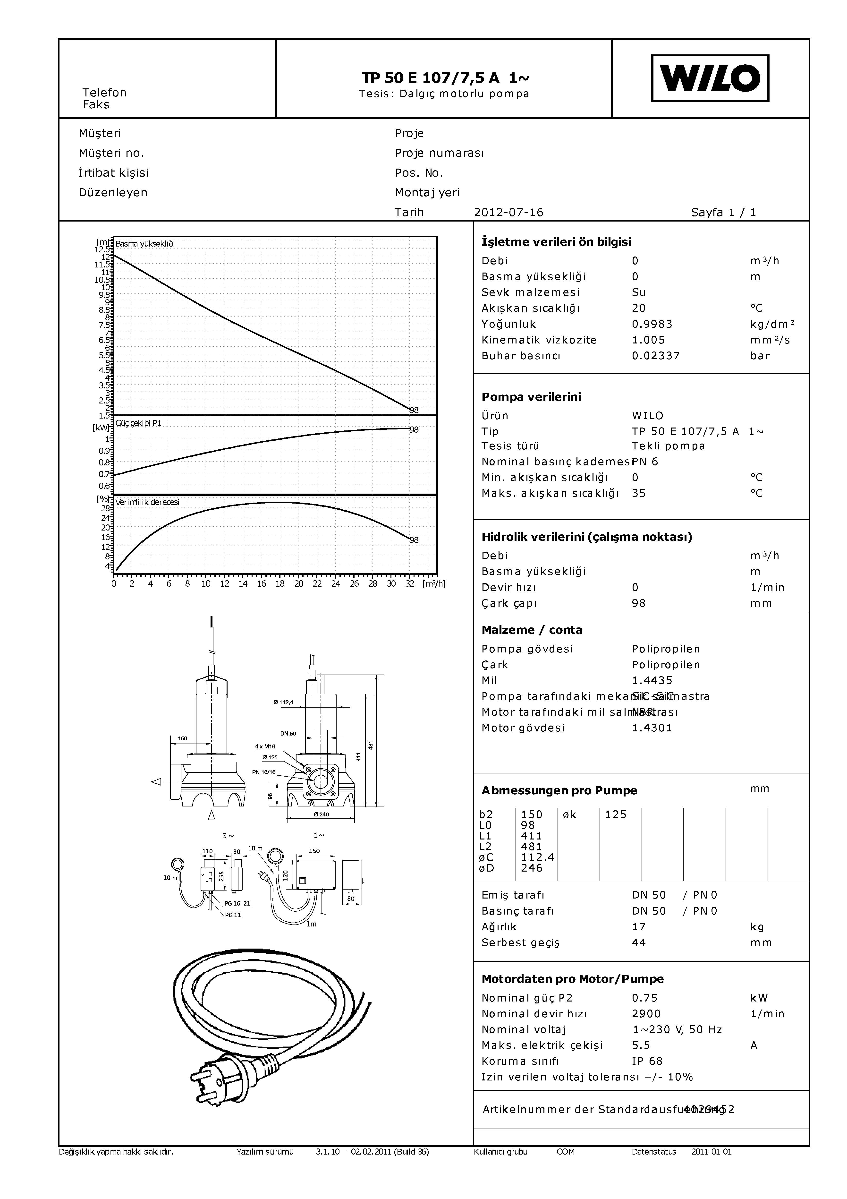 Wilo TP 50 E 107/7,5 A-DN50- 0,75 kw Monofaze Dalgıç Pompa Wilo Pompa I ...